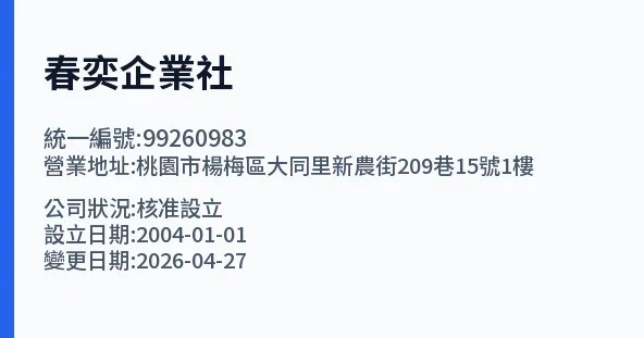 春奕企業社的照片-統編 99260983(桃園市) 公司登記資料與營業項目詳細圖表