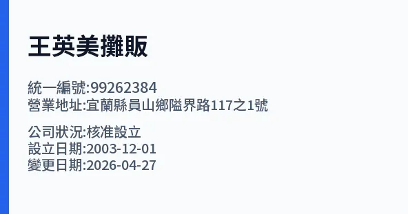 王英美攤販的照片-統編 99262384(宜蘭縣) 公司登記資料與營業項目詳細圖表