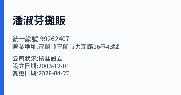 潘淑芬攤販的照片-統編 99262407(宜蘭縣) 公司登記資料與營業項目詳細圖表