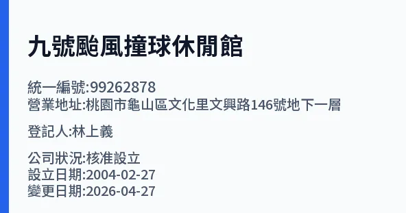 九號颱風撞球休閒館的照片-統編 99262878(桃園市) 公司登記資料與營業項目詳細圖表