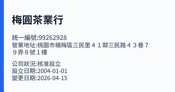 梅圓茶業行的照片-統編 99262928(桃園市) 公司登記資料與營業項目詳細圖表