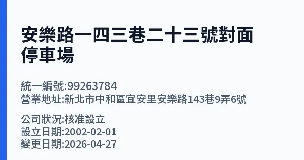 安樂路一四三巷二十三號對面停車場的照片-統編 99263784(新北市) 公司登記資料與營業項目詳細圖表