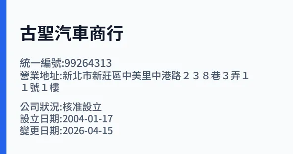 古聖汽車商行的照片-統編 99264313(新北市) 公司登記資料與營業項目詳細圖表