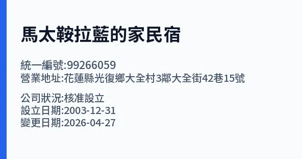 馬太鞍拉藍的家民宿的照片-統編 99266059(花蓮縣) 公司登記資料與營業項目詳細圖表