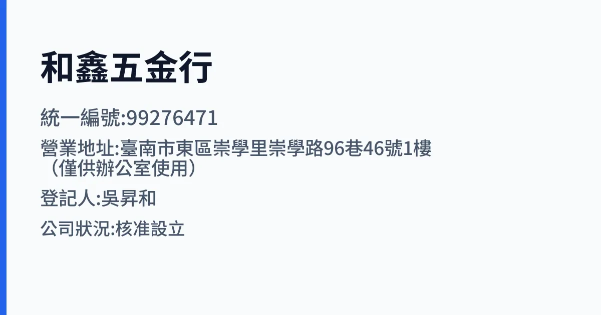和鑫五金行 - 統編 99276471（臺南市） 公司登記資料與營業項目詳細圖表