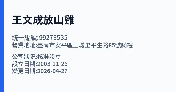 王文成放山雞的照片-統編 99276535(臺南市) 公司登記資料與營業項目詳細圖表