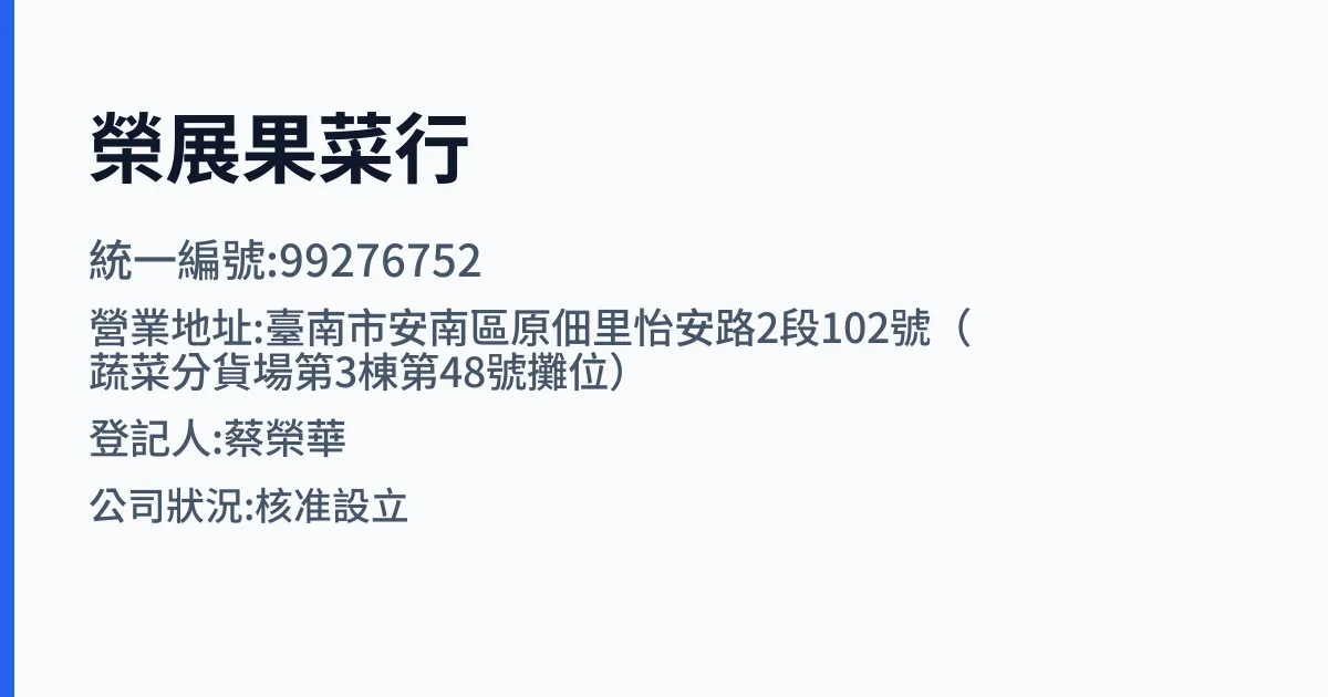 榮展果菜行 - 統編 99276752(臺南市) 公司登記資料與營業項目詳細圖表