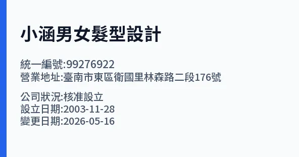 小涵男女髮型設計的照片-統編 99276922(臺南市) 公司登記資料與營業項目詳細圖表