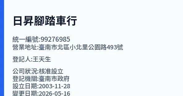 日昇腳踏車行的照片-統編 99276985(臺南市) 公司登記資料與營業項目詳細圖表