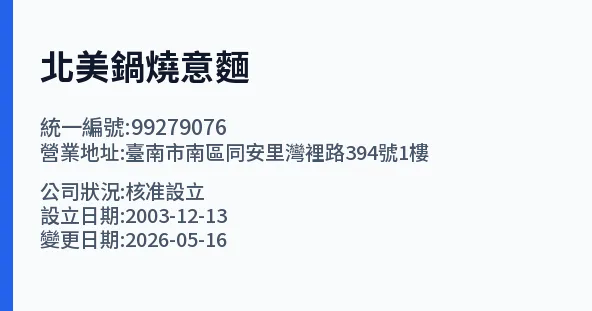 北美鍋燒意麵的照片-統編 99279076(臺南市) 公司登記資料與營業項目詳細圖表