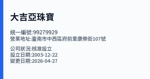 大吉亞珠寶的照片-統編 99279929(臺南市) 公司登記資料與營業項目詳細圖表