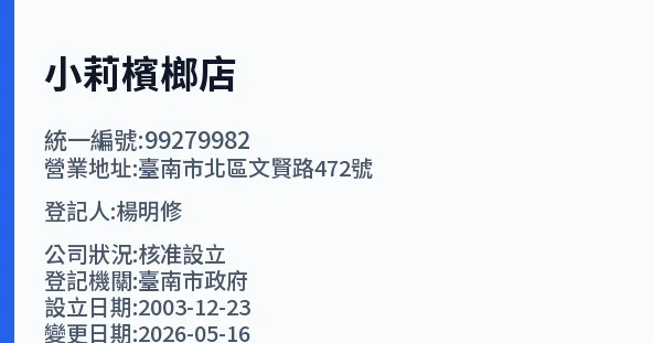 小莉檳榔店的照片-統編 99279982(臺南市) 公司登記資料與營業項目詳細圖表
