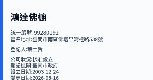 鴻達佛櫥的照片-統編 99280192(臺南市) 公司登記資料與營業項目詳細圖表