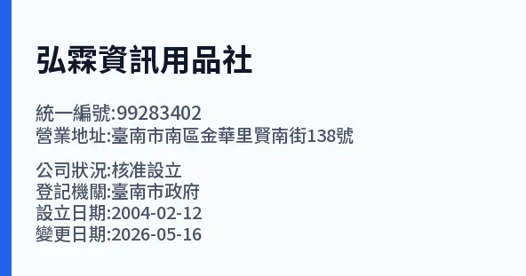 弘霖資訊用品社的照片-統編 99283402(臺南市) 公司登記資料與營業項目詳細圖表