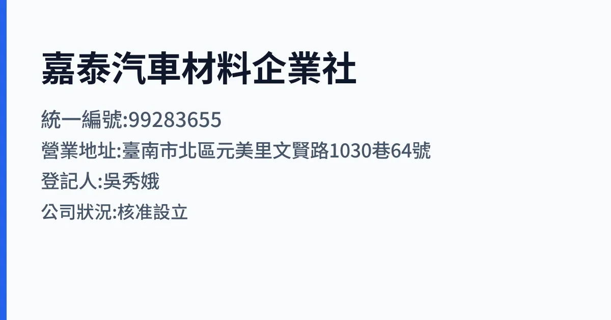 嘉泰汽車材料企業社 - 統編 99283655(臺南市) 公司登記資料與營業項目詳細圖表