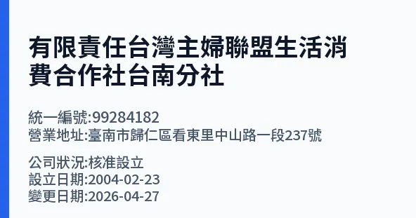 有限責任台灣主婦聯盟生活消費合作社台南分社的照片-統編 99284182(臺南市) 公司登記資料與營業項目詳細圖表