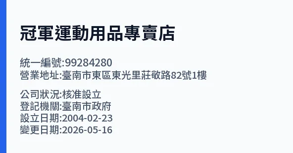 冠軍運動用品專賣店的照片-統編 99284280(臺南市) 公司登記資料與營業項目詳細圖表