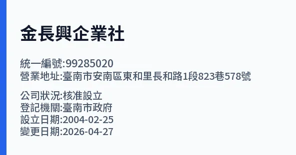 金長興企業社的照片-統編 99285020(臺南市) 公司登記資料與營業項目詳細圖表