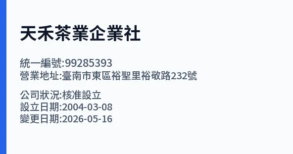天禾茶業企業社的照片-統編 99285393(臺南市) 公司登記資料與營業項目詳細圖表
