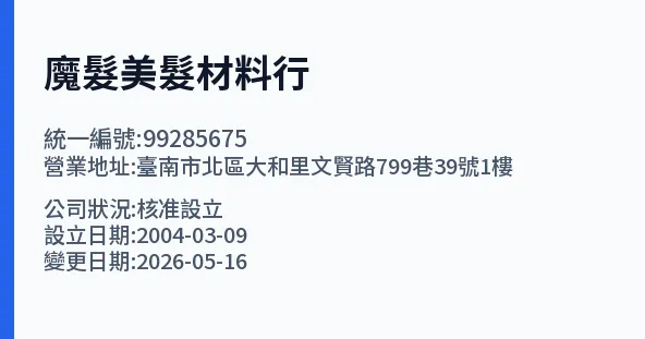 魔髮美髮材料行的照片-統編 99285675(臺南市) 公司登記資料與營業項目詳細圖表