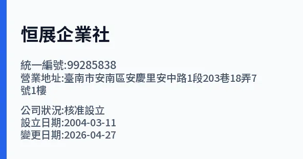 恒展企業社的照片-統編 99285838(臺南市) 公司登記資料與營業項目詳細圖表