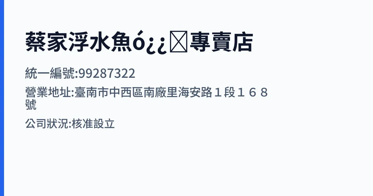 蔡家浮水魚專賣店 - 統編 99287322(臺南市) 公司登記資料與營業項目詳細圖表