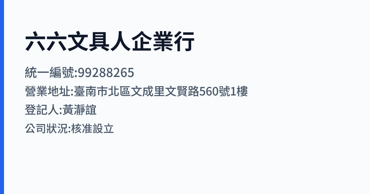 六六文具人企業行 - 統編 99288265（臺南市） 公司登記資料與營業項目詳細圖表