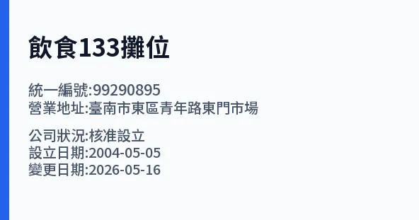 飲食133攤位的照片-統編 99290895(臺南市) 公司登記資料與營業項目詳細圖表