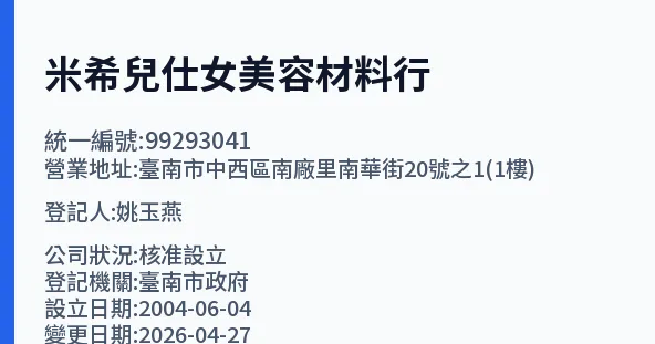 米希兒仕女美容材料行的照片-統編 99293041(臺南市) 公司登記資料與營業項目詳細圖表