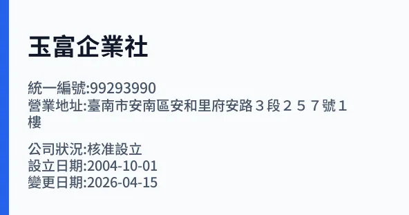 玉富企業社的照片-統編 99293990(臺南市) 公司登記資料與營業項目詳細圖表