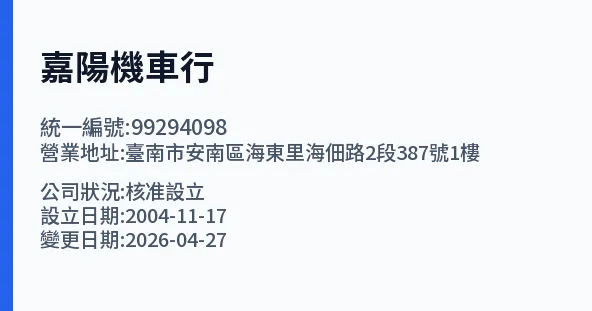 嘉陽機車行的照片-統編 99294098(臺南市) 公司登記資料與營業項目詳細圖表