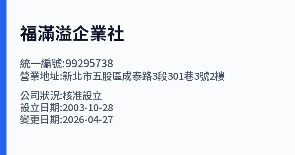 福滿溢企業社的照片-統編 99295738(新北市) 公司登記資料與營業項目詳細圖表