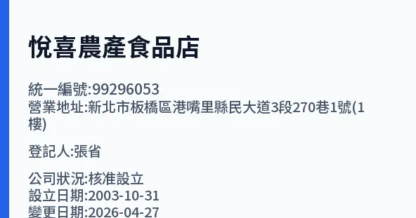悅喜農產食品店的照片-統編 99296053(新北市) 公司登記資料與營業項目詳細圖表