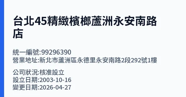 台北45精緻檳榔蘆洲永安南路店的照片-統編 99296390(新北市) 公司登記資料與營業項目詳細圖表