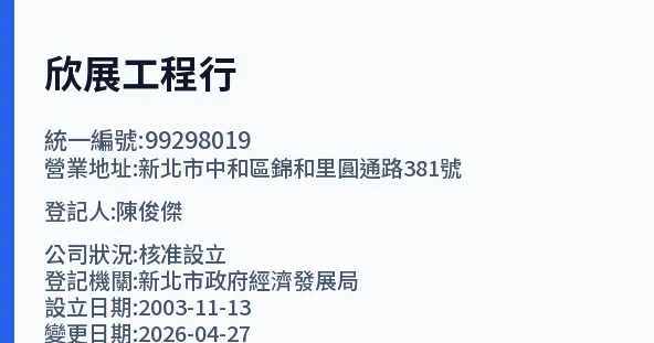 欣展工程行的照片-統編 99298019(新北市) 公司登記資料與營業項目詳細圖表