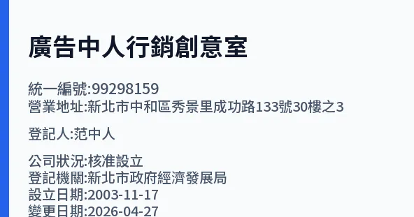 廣告中人行銷創意室的照片-統編 99298159(新北市) 公司登記資料與營業項目詳細圖表