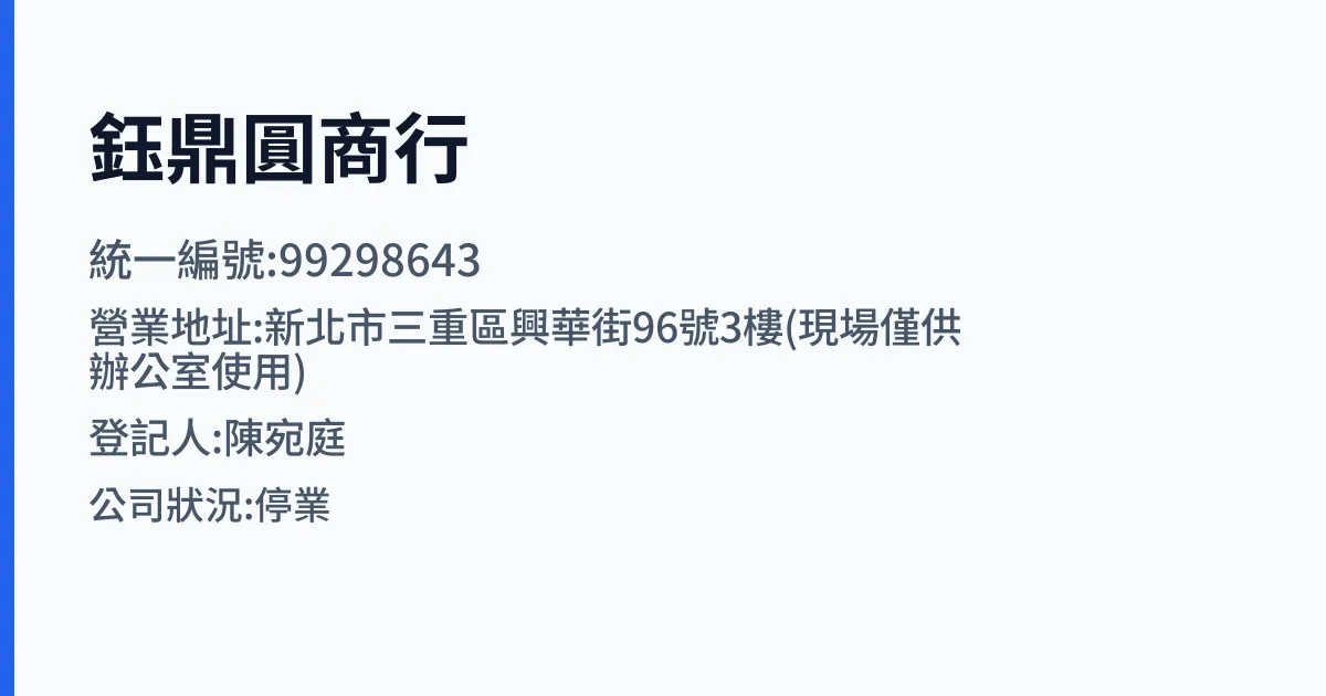 鈺鼎圓商行 - 統編 99298643(臺北市) 公司登記資料與營業項目詳細圖表