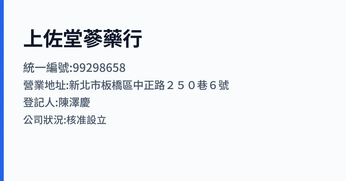 上佐堂蔘藥行 - 統編 99298658(新北市) 公司登記資料與營業項目詳細圖表