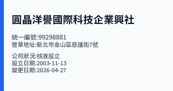圓晶洋譽國際科技企業興社的照片-統編 99298881(新北市) 公司登記資料與營業項目詳細圖表