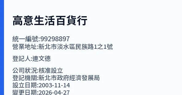 高意生活百貨行的照片-統編 99298897(新北市) 公司登記資料與營業項目詳細圖表