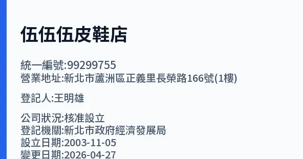 伍伍伍皮鞋店的照片-統編 99299755(新北市) 公司登記資料與營業項目詳細圖表