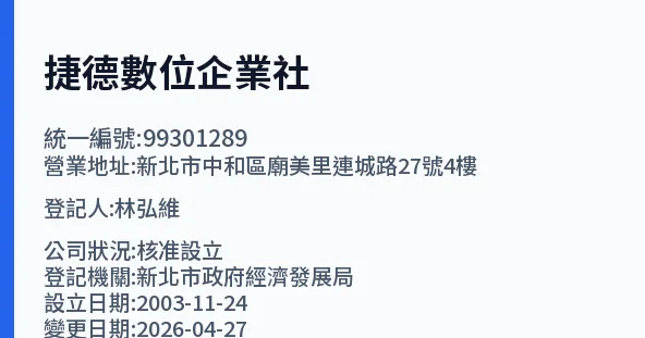 捷德數位企業社的照片-統編 99301289(新北市) 公司登記資料與營業項目詳細圖表