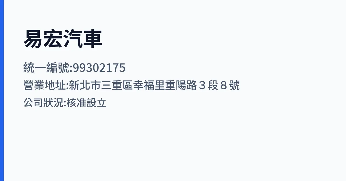 易宏汽車 - 統編 99302175(新北市) 公司登記資料與營業項目詳細圖表