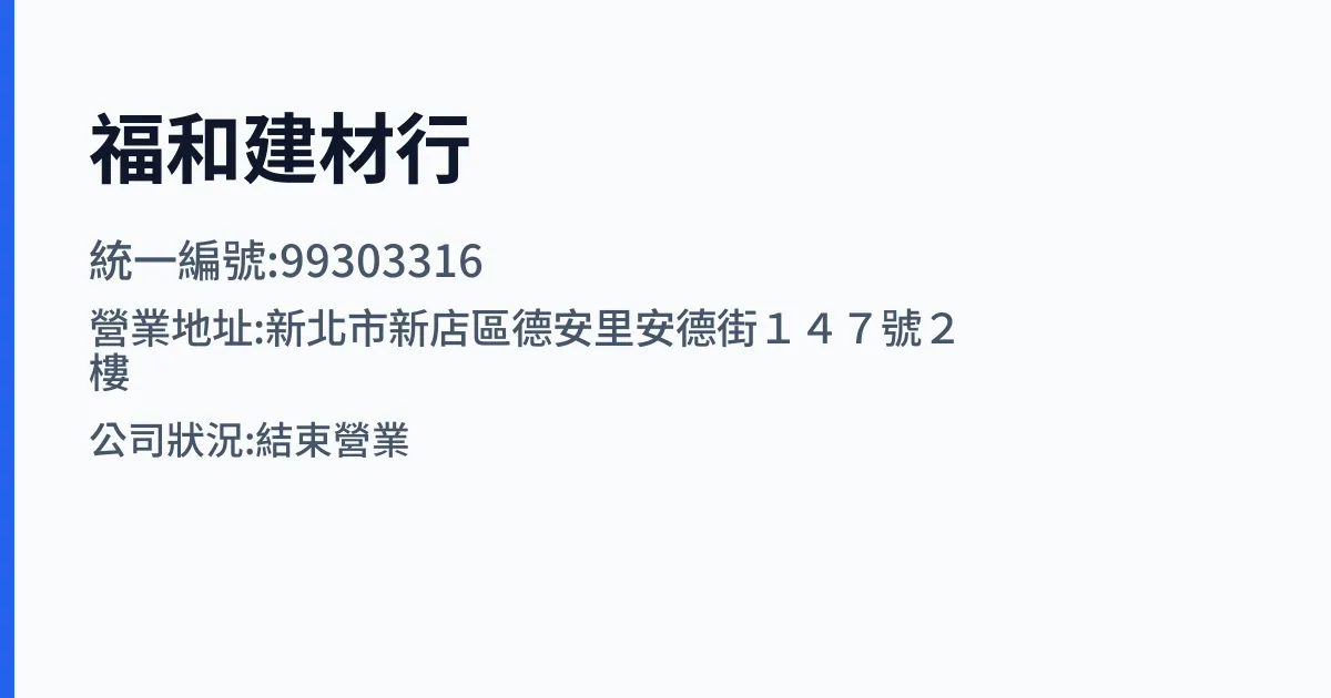 福和建材行 - 統編 99303316(新北市) 公司登記資料與營業項目詳細圖表