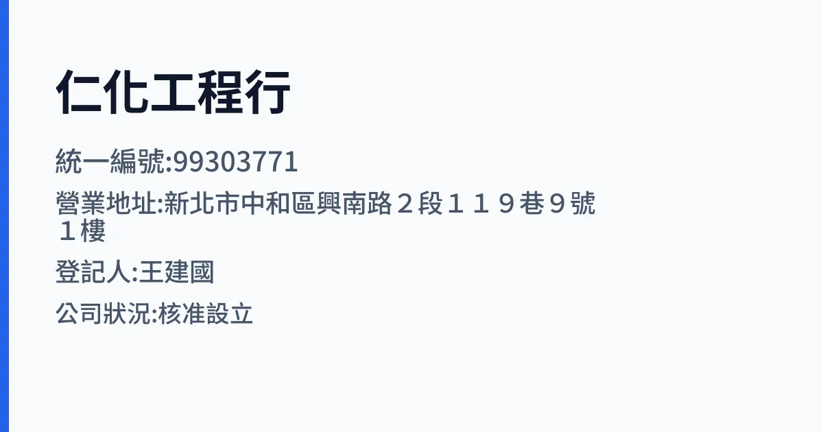 仁化工程行 - 統編 99303771(新北市) 公司登記資料與營業項目詳細圖表