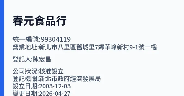 春元食品行的照片-統編 99304119(新北市) 公司登記資料與營業項目詳細圖表