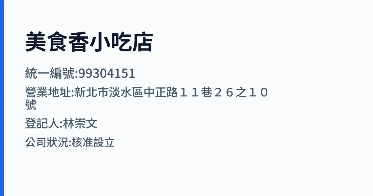 美食香小吃店 - 統編 99304151(新北市) 公司登記資料與營業項目詳細圖表