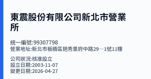 東震股份有限公司新北市營業所的照片-統編 99307798(新北市) 公司登記資料與營業項目詳細圖表