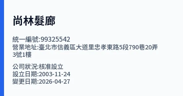 尚林髮廊的照片-統編 99325542(臺北市) 公司登記資料與營業項目詳細圖表