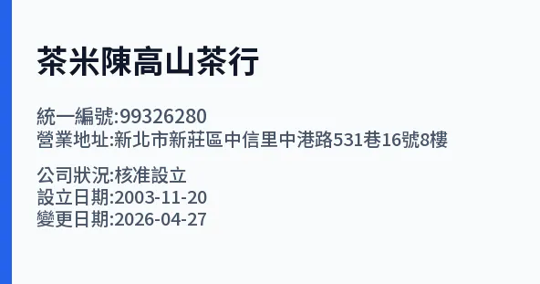 茶米陳高山茶行的照片-統編 99326280(新北市) 公司登記資料與營業項目詳細圖表
